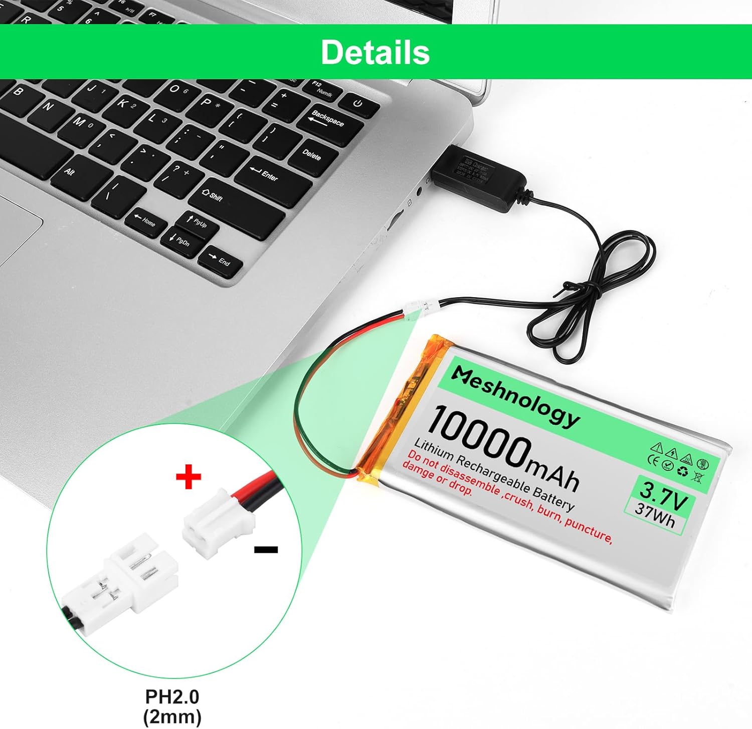 3.7V 10000mAh LiPo Battery with USB Charger for Arduino & Drone – Meshnology