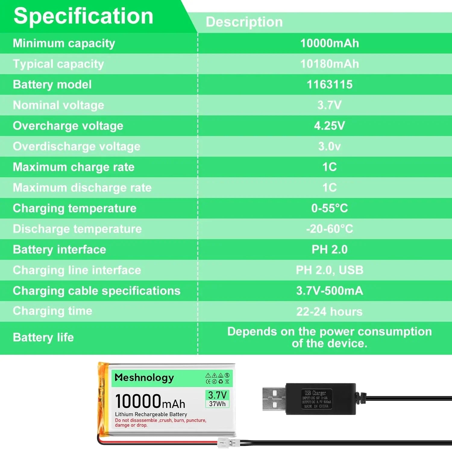3.7V 10000mAh LiPo Battery with USB Charger for Arduino & Drone ...