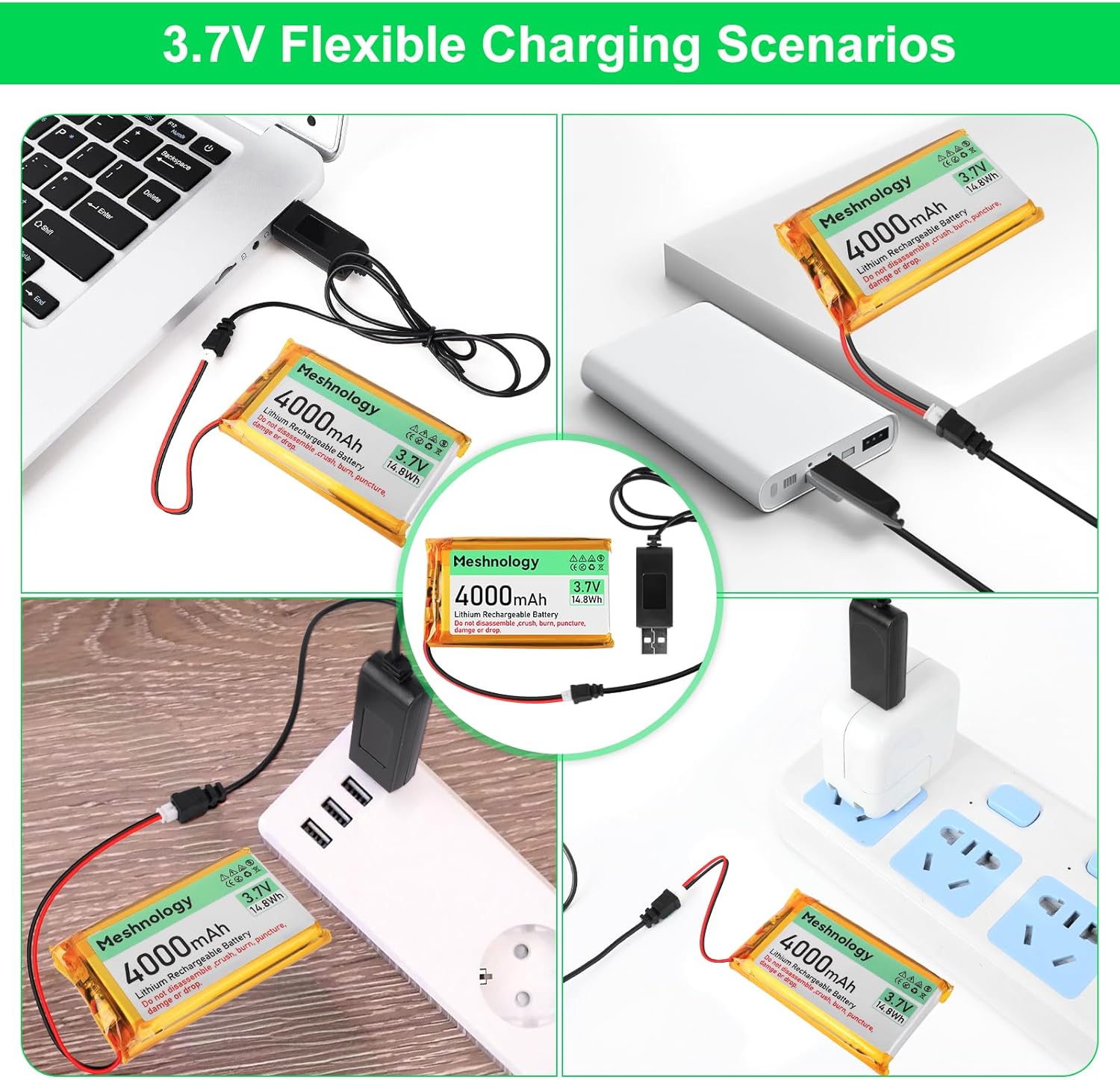 3.7V 4000mAh LiPo Battery with USB Charger for Arduino, ESP32 & Drone – Meshnology