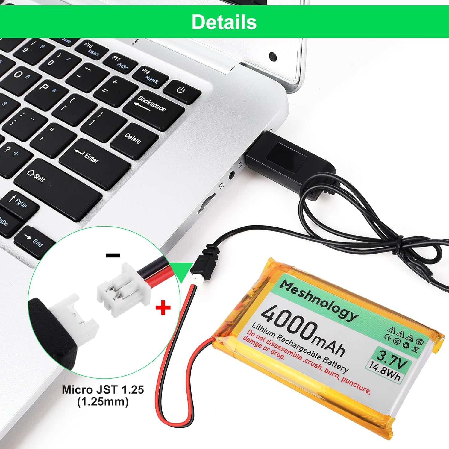 3.7V 4000mAh LiPo Battery with USB Charger for Arduino, ESP32 & Drone – Meshnology