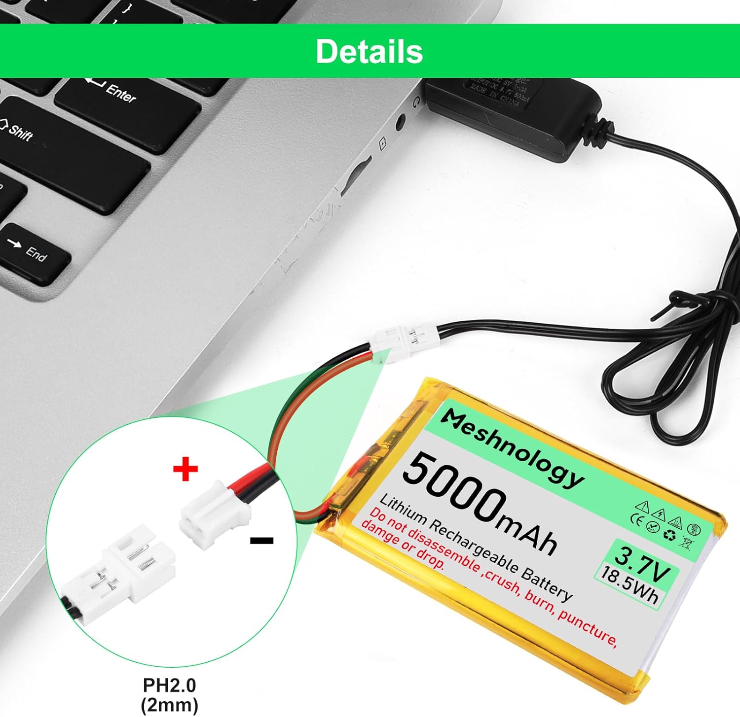 3.7V 5000mAh LiPo Battery with USB Charger for Arduino, ESP32 & Drone – Meshnology
