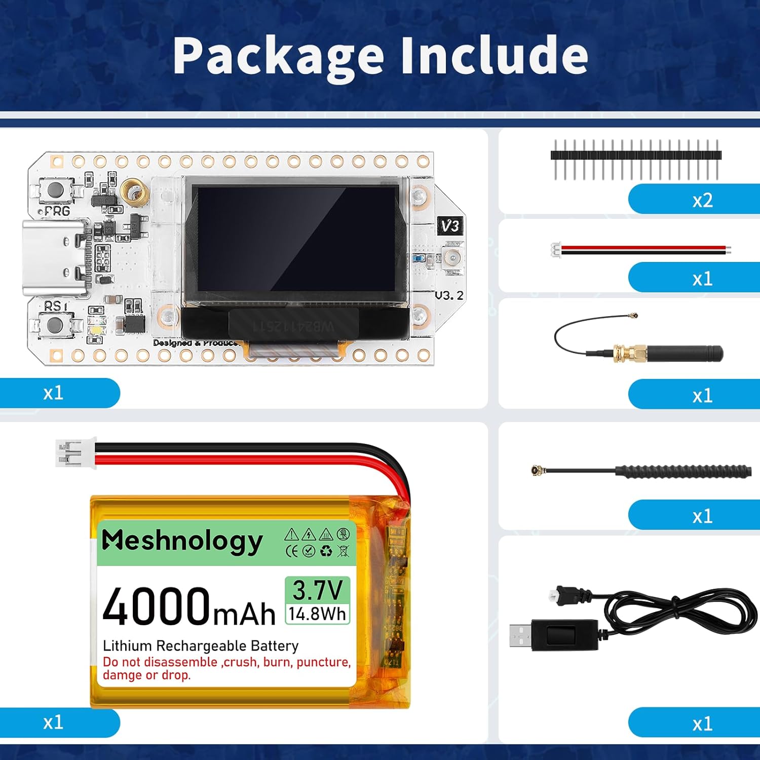 Esp32 Lora V3 Board 4000mah Battery And 915mhz Antenna For Iot Meshnology