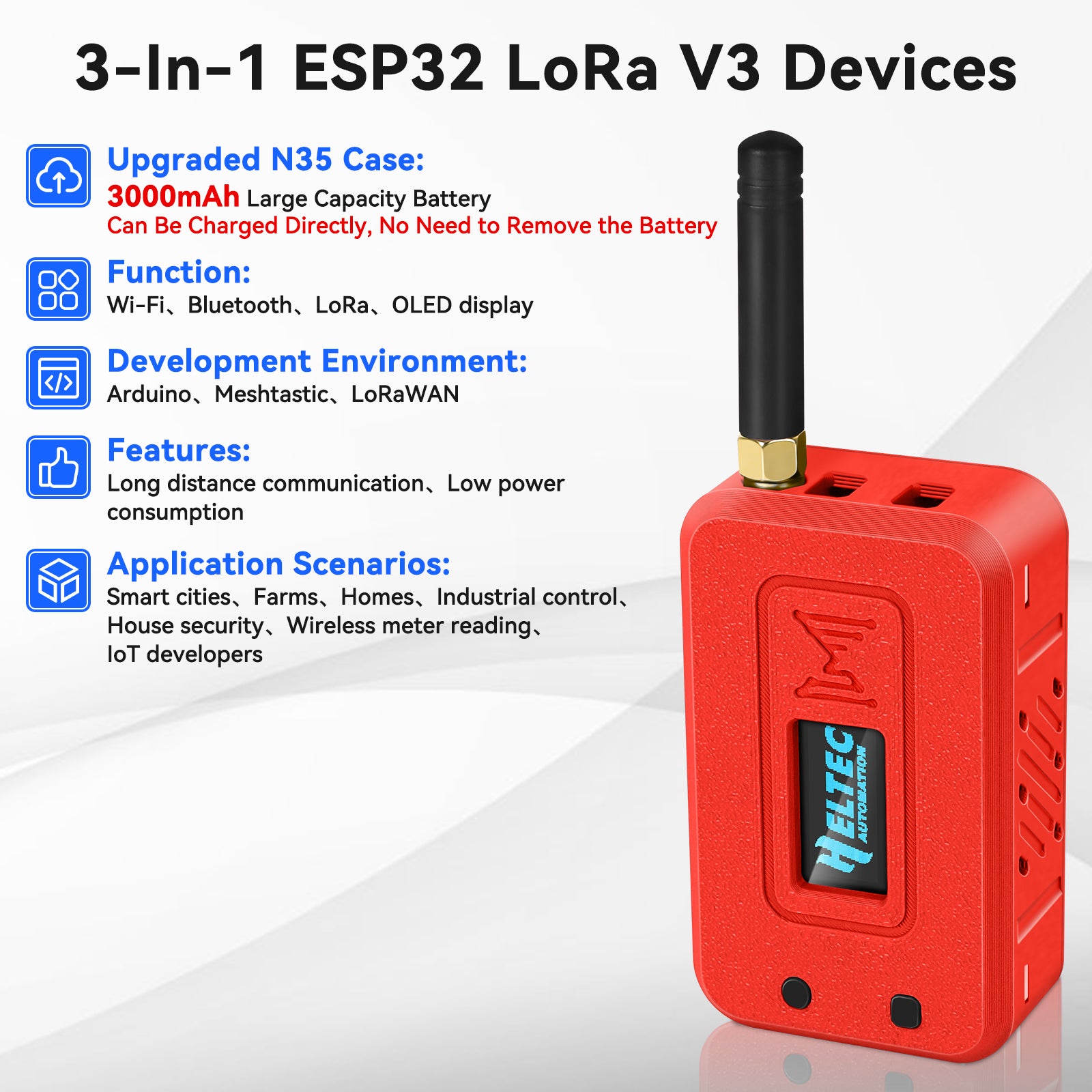 N35 - ESP32 LoRa V3 Board Kit - 863~928MHz Antenna, 3000mAh Battery, C ...